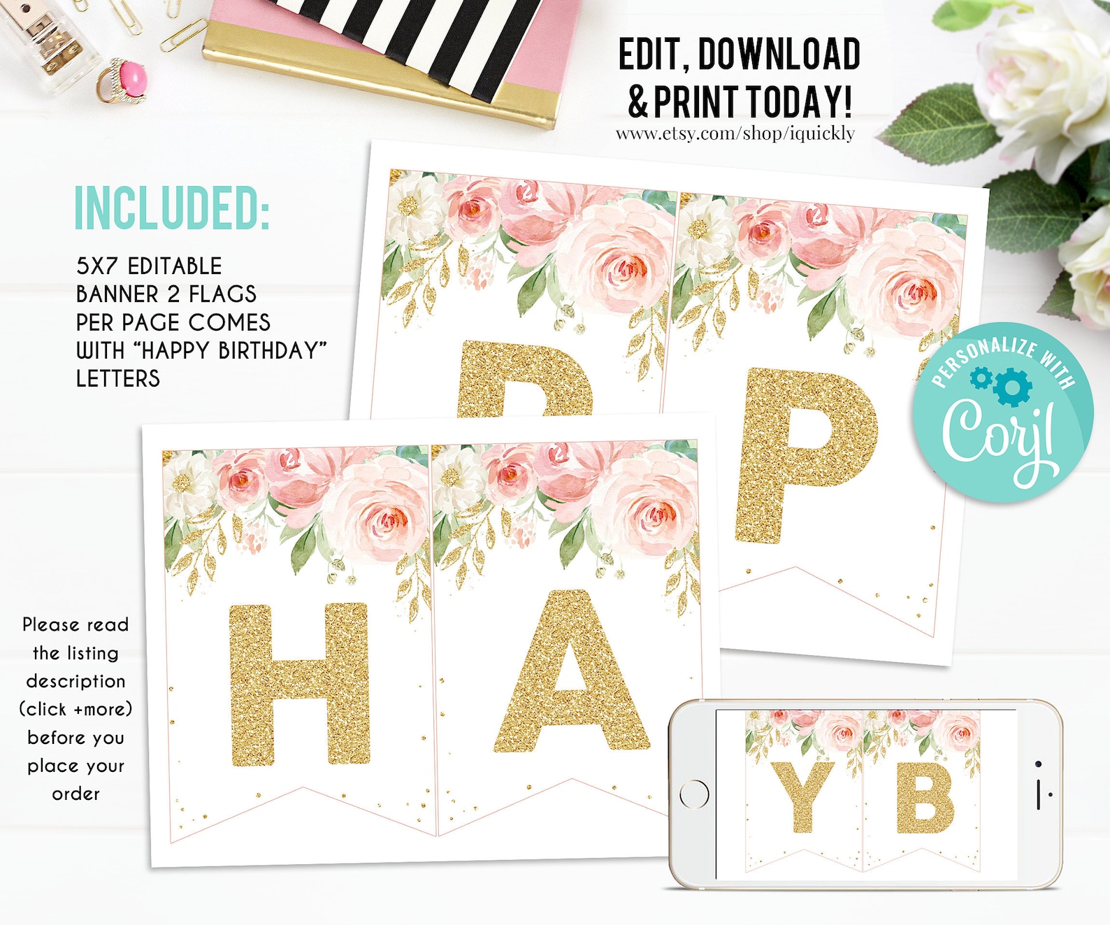 EDITABLE Blush Pink Floral Banner, Birthday Banner, Printable 1st ...