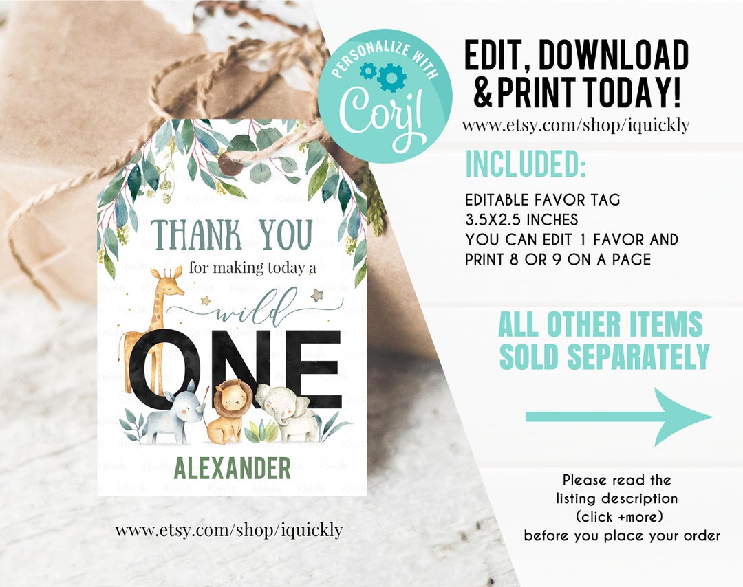 Safari Favor Tags, Editable Wild One Thank You Tags, Jungle Gift Tags ...