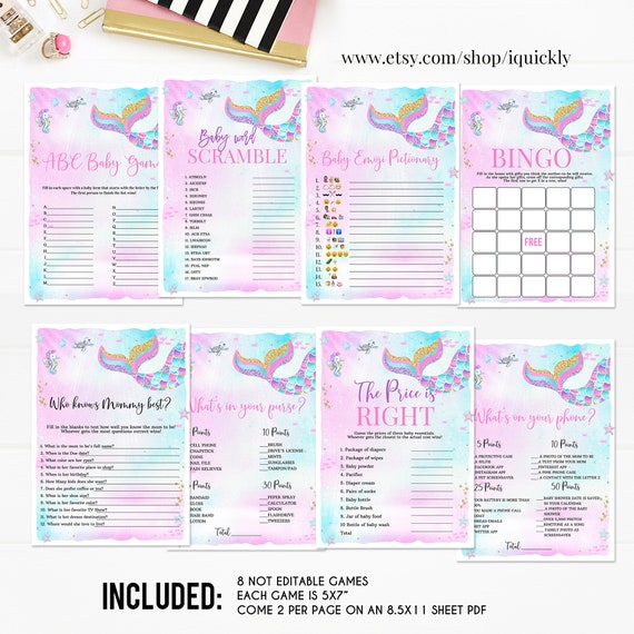 Editable Mermaid Baby Shower Games Bundle, Mermaid Girl Shower Under ...