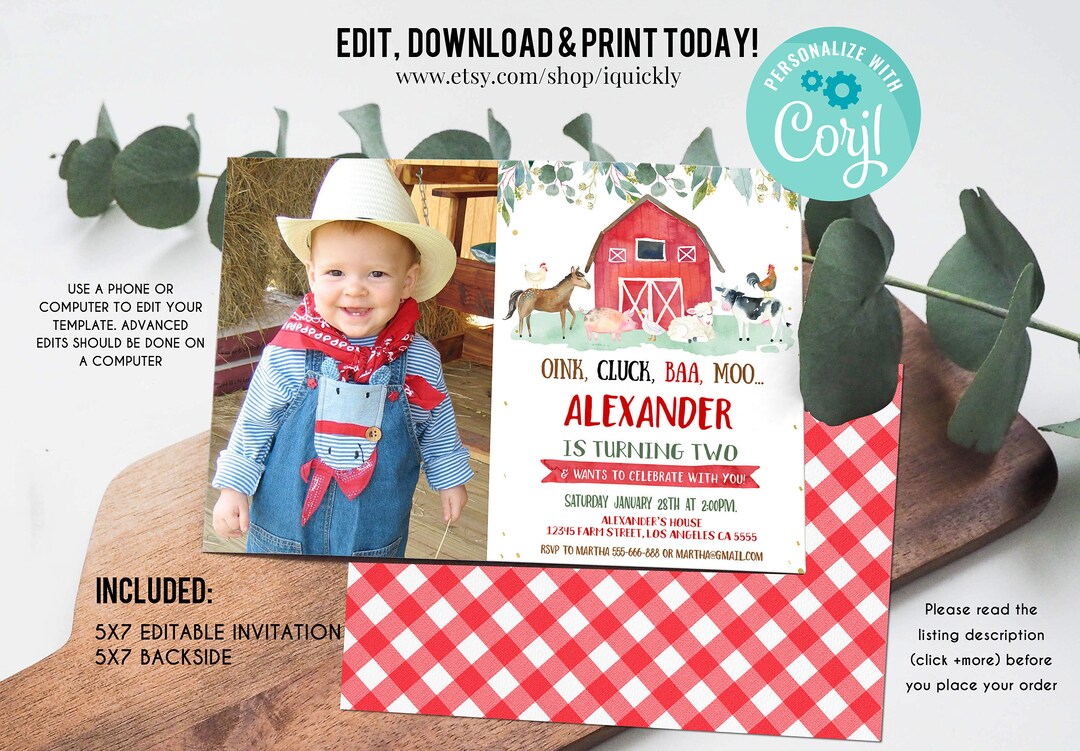 Editable Farm Birthday Invitation, Boy Barn Party, Photo Invite, Farm ...