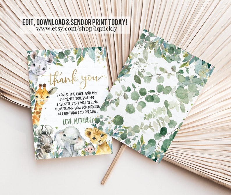 EDITABLE Safari Birthday Thank You Card Girl Wild One 1st - Etsy
