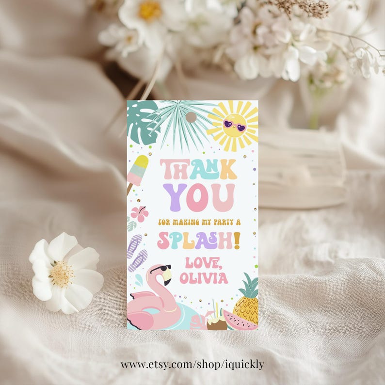 Pool Party Favor Tags Editable Tropical Splish Splash Girl Thank You ...