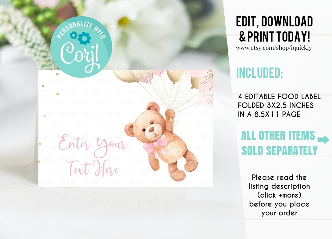 EDITABLE Teddy Bear Baby Shower Food Tags, Buffet Label, Tent Card Food ...