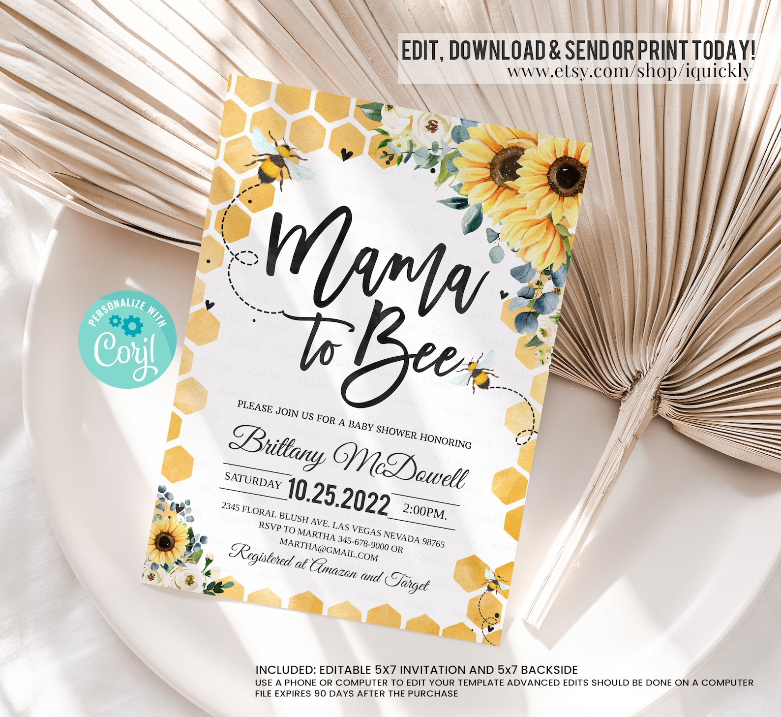 Editable Mama to Bee Baby Shower Invitation Sunflower Gender - Etsy