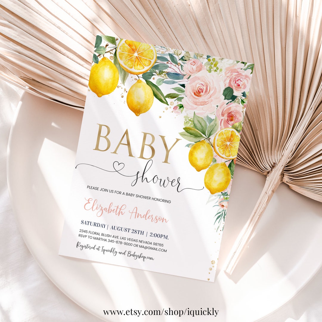 Lemon Baby Shower Invitation Editable Citrus Floral Invite Pink ...