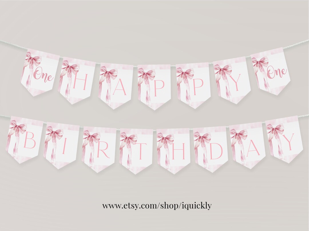Bow Happy Birthday Banner Pink Bow Girl 1st Birthday Party Decorations ...