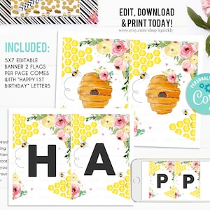 Editable Bee Party Decorations, Honey Bee Package Birthday Invitations ...
