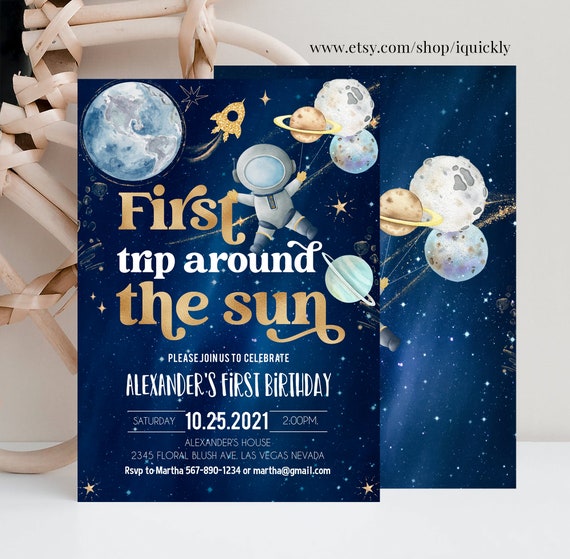 EDITABLE First Trip Around the Sun Outer Space First Birthday ...