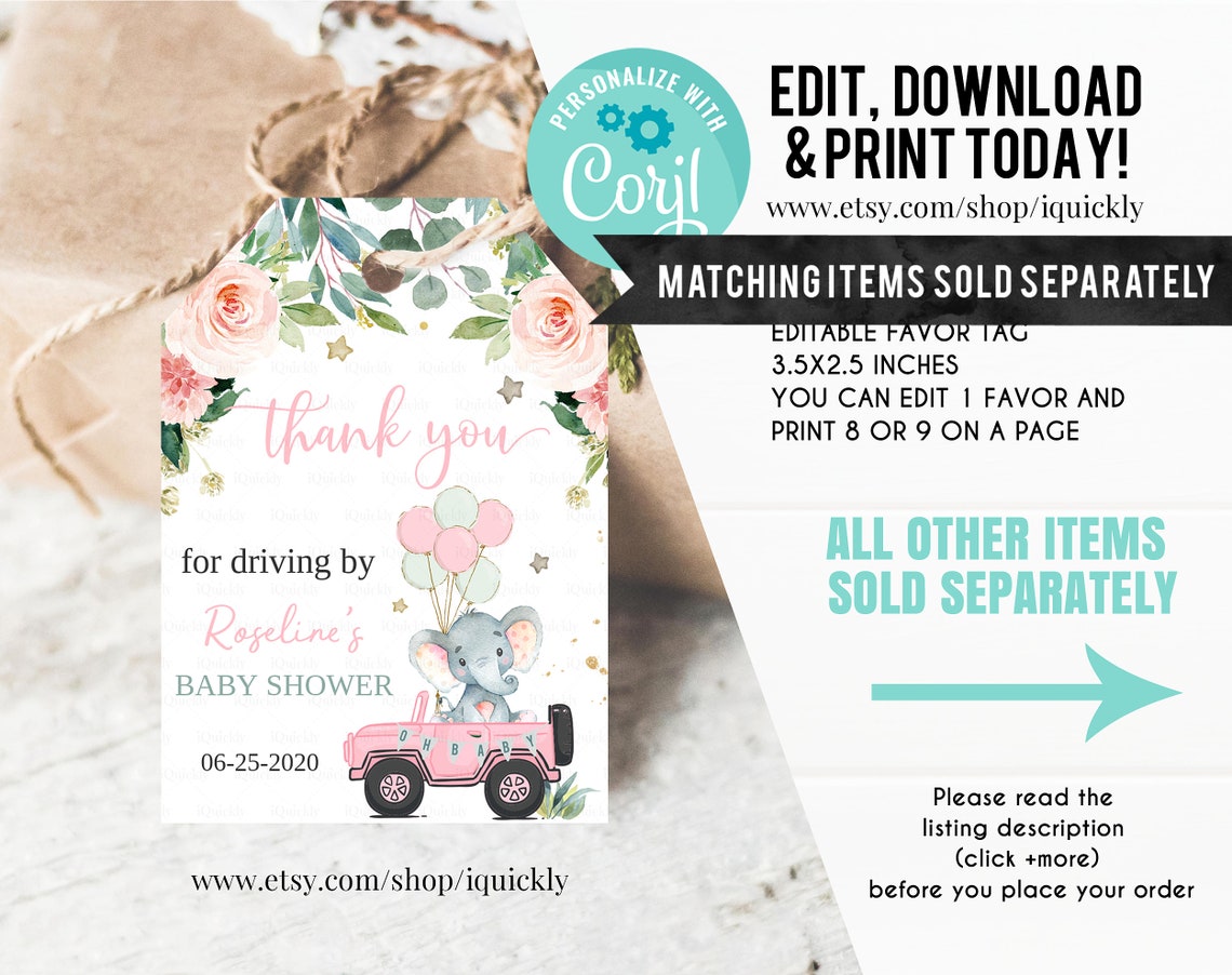 Editable Drive by Baby Shower Favor Tag Elephant Drive Through - Etsy