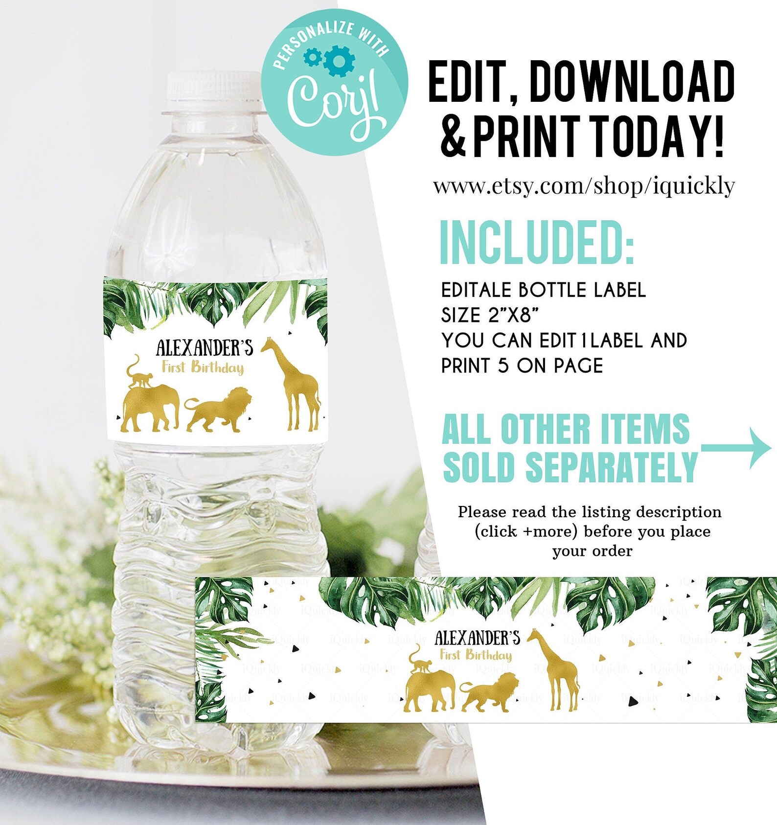 EDITABLE Jungle Gold Bottle Label, Safari Water Labels Printable 1st ...