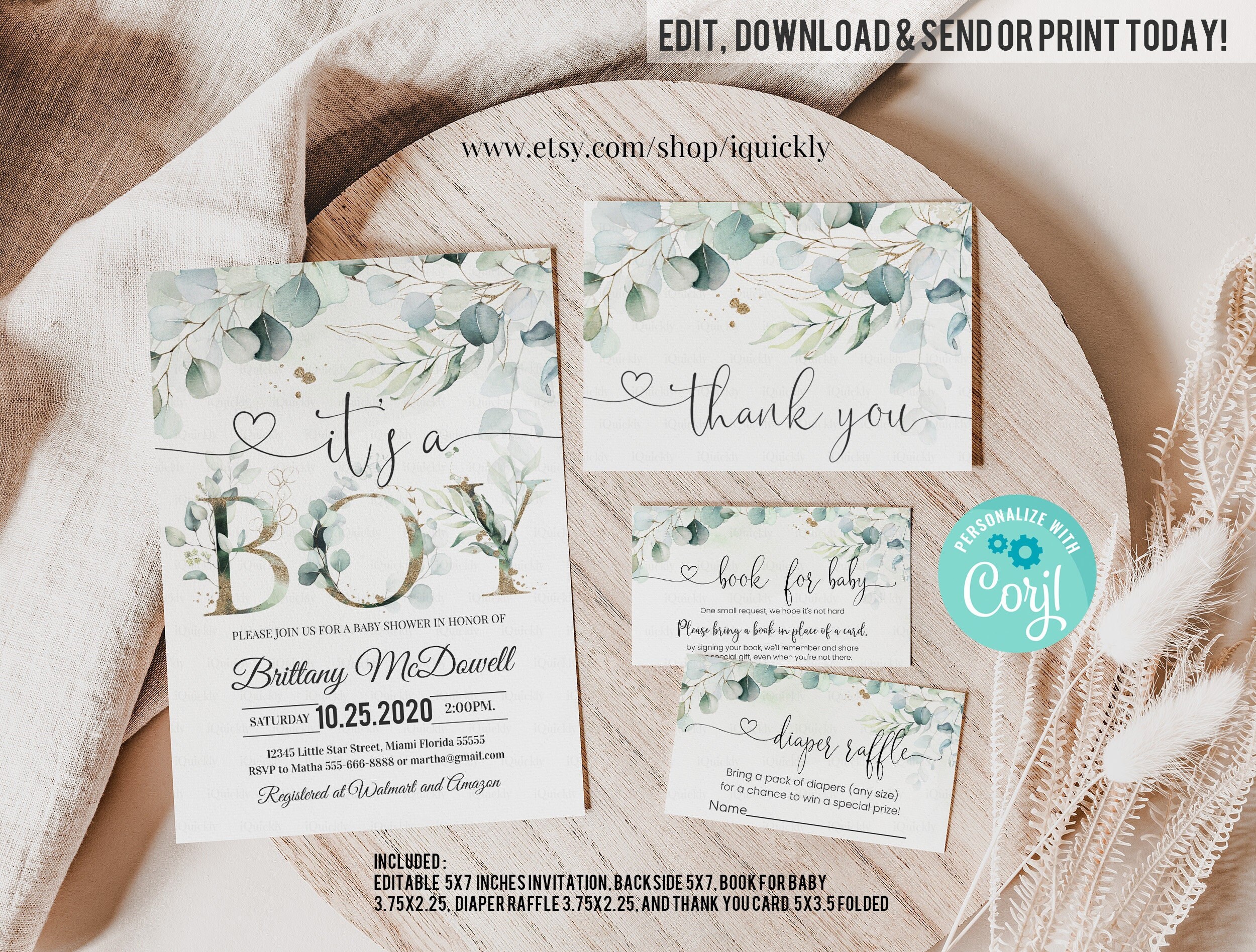 Editable Eucalyptus Baby Shower Bundle Invitation Set | Etsy