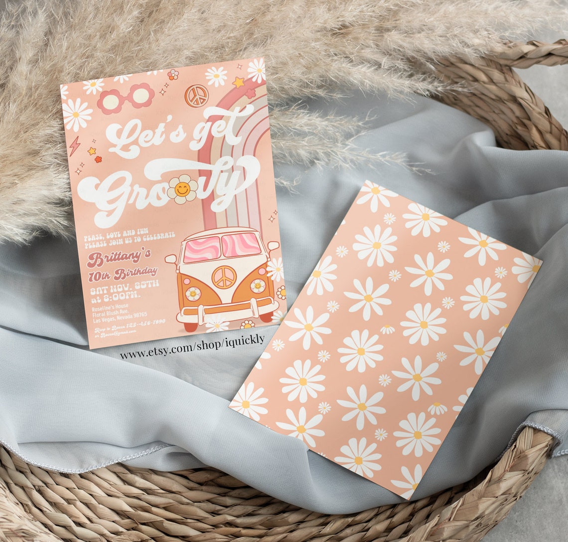 Editable ANY AGE Pink Groovy Van Daisy Rainbow Let's Get - Etsy