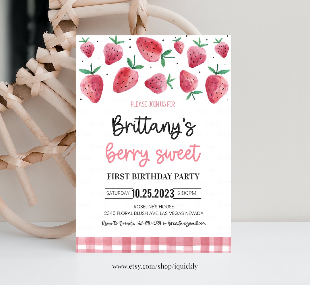 Berry Sweet First Birthday Invitation EDITABLE Strawberry Birthday ...