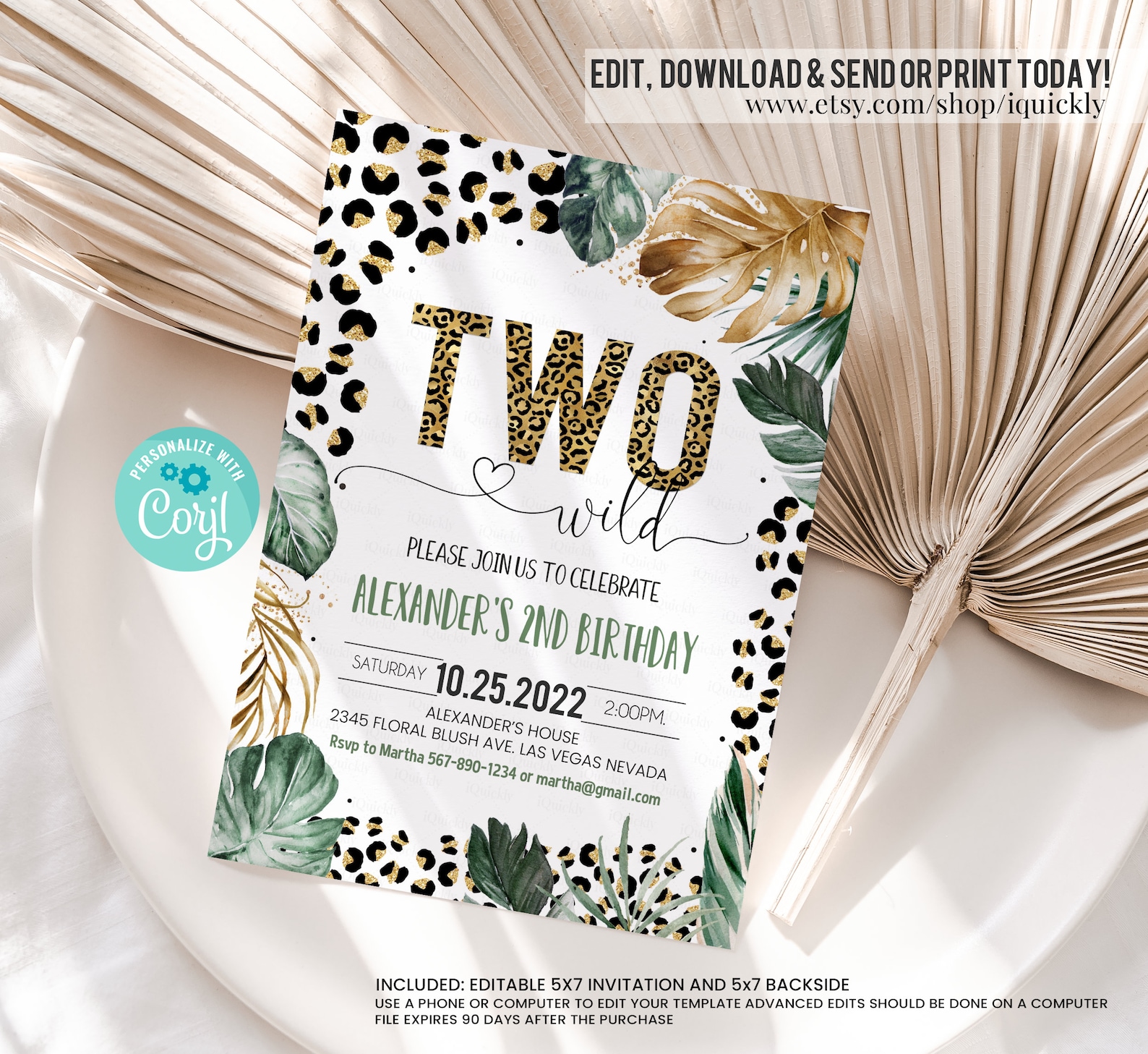 Editable Two Wild Leopard Print Jungle Birthday Party Invitation ...