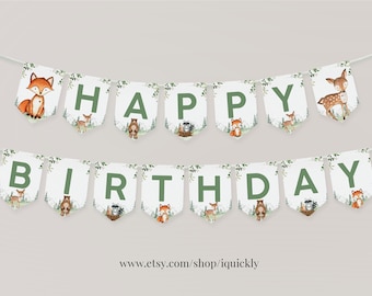 Greenery Woodland Animals Printable Banner. Botanical Forest 1st ...