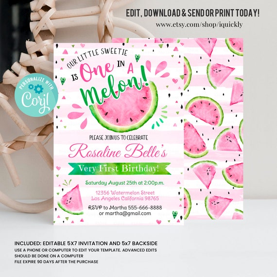 Editable Watermelon Invitation, Birthday Invitations, Pink Watermelon ...