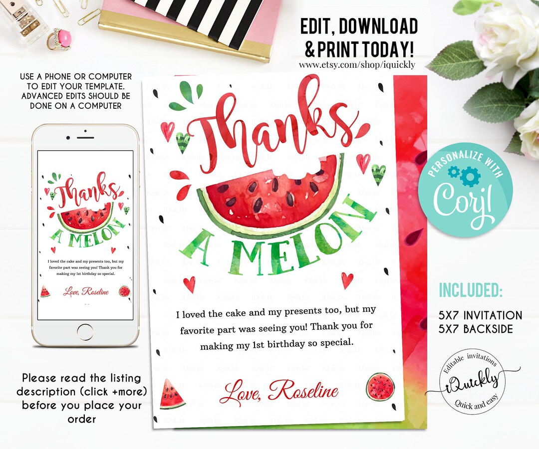 EDITABLE Watermelon Thank You Card, Red One in a Melon Note Card ...