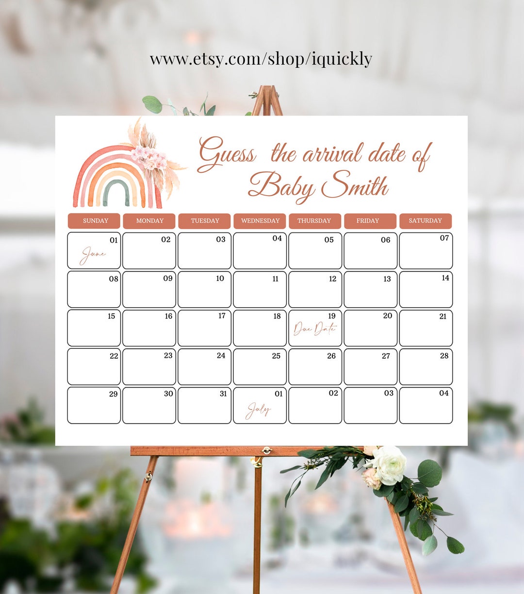 Editable Boho Rainbow Due Date Calendar Pampas Grass Pregnancy ...
