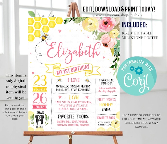 Bee Milestone Birthday Poster EDITABLE Honey Bee First - Etsy Australia