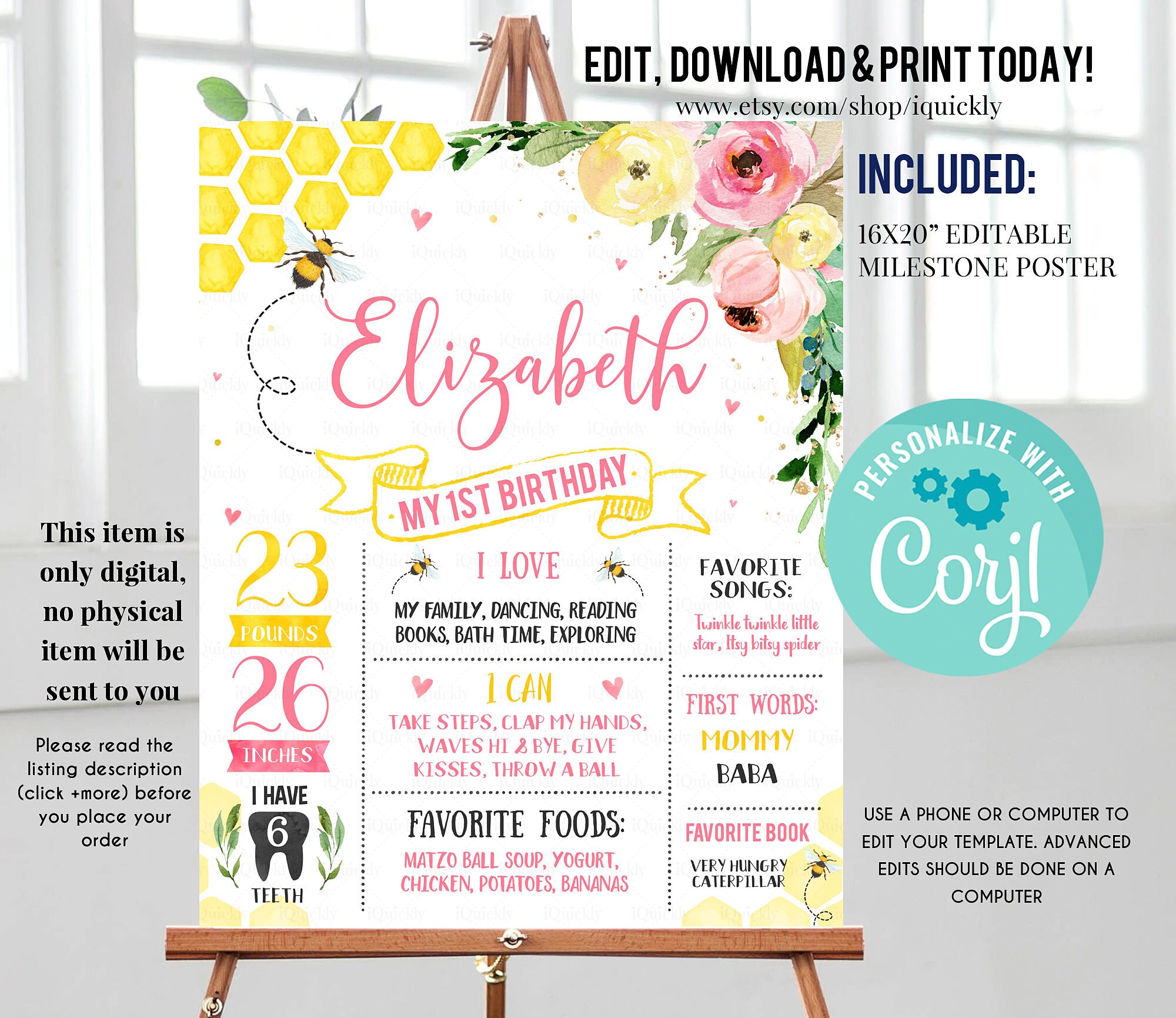 Bee Milestone Birthday Poster EDITABLE Honey Bee First | Etsy Australia