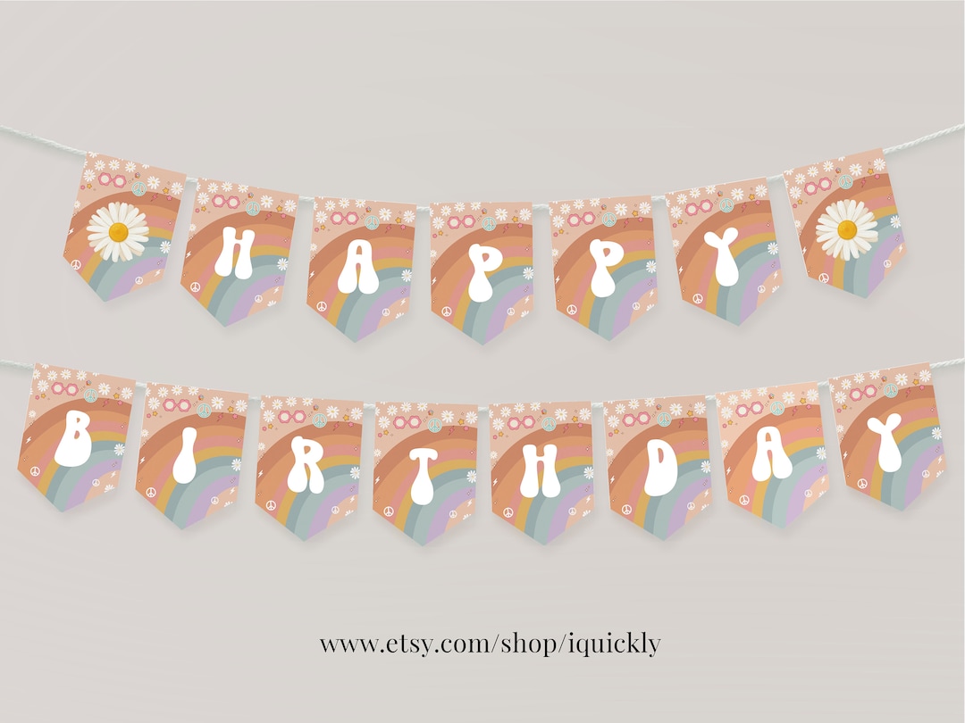 Editable Happy Birthday Banner Groovy Daisy Birthday Girl Hippie Retro ...