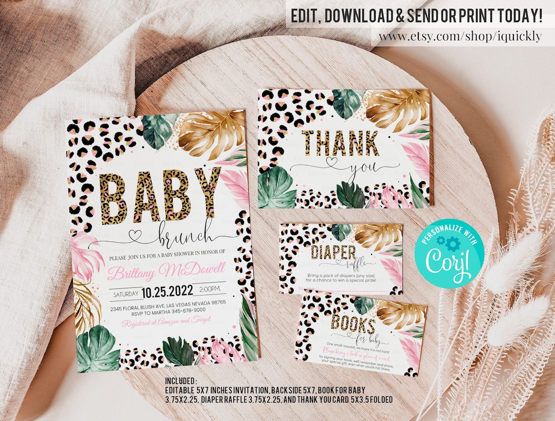 EDITABLE Leopard Print Baby Shower Invitations Set Girl Leopard Baby ...
