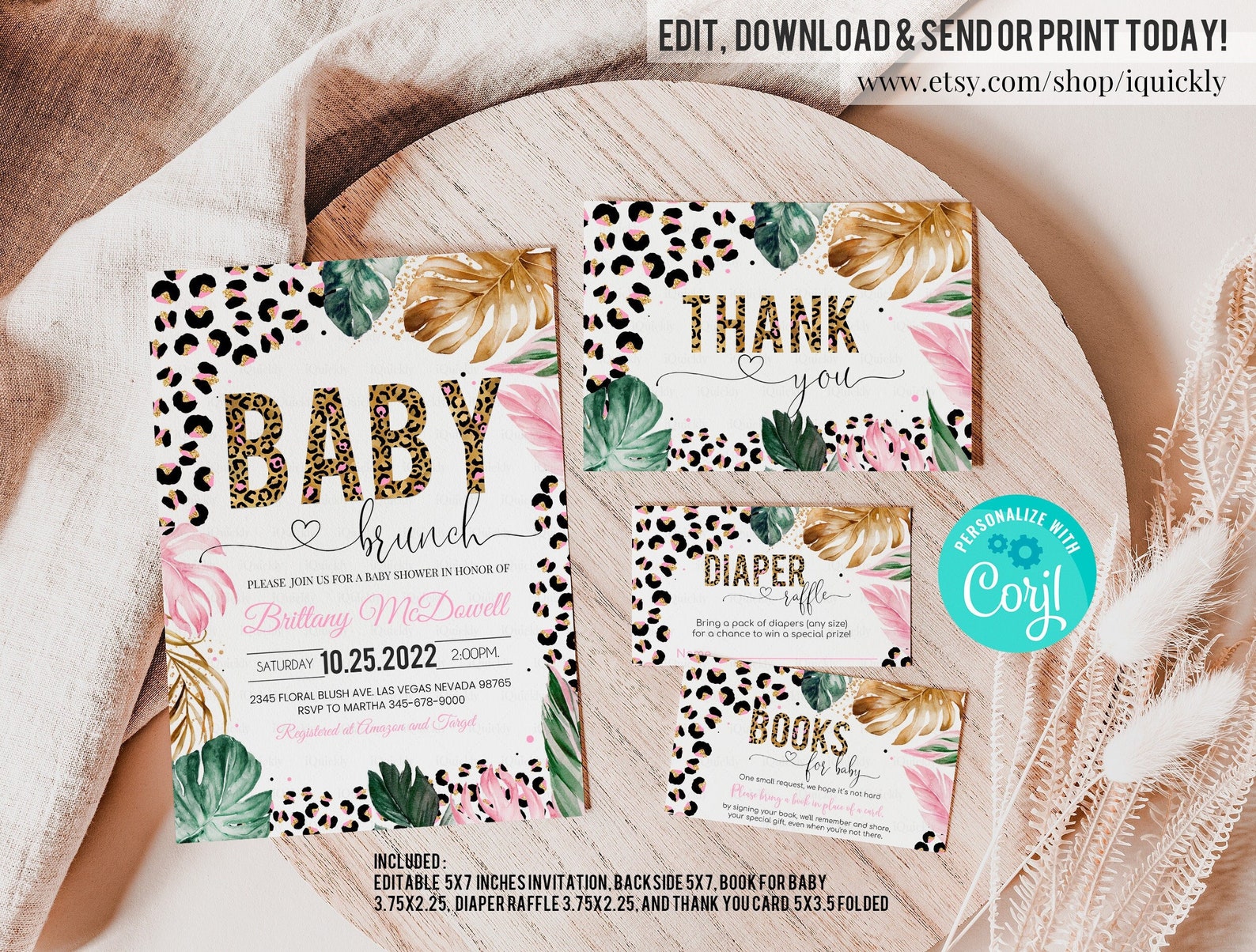 EDITABLE Leopard Print Baby Shower Invitations Set Girl - Etsy