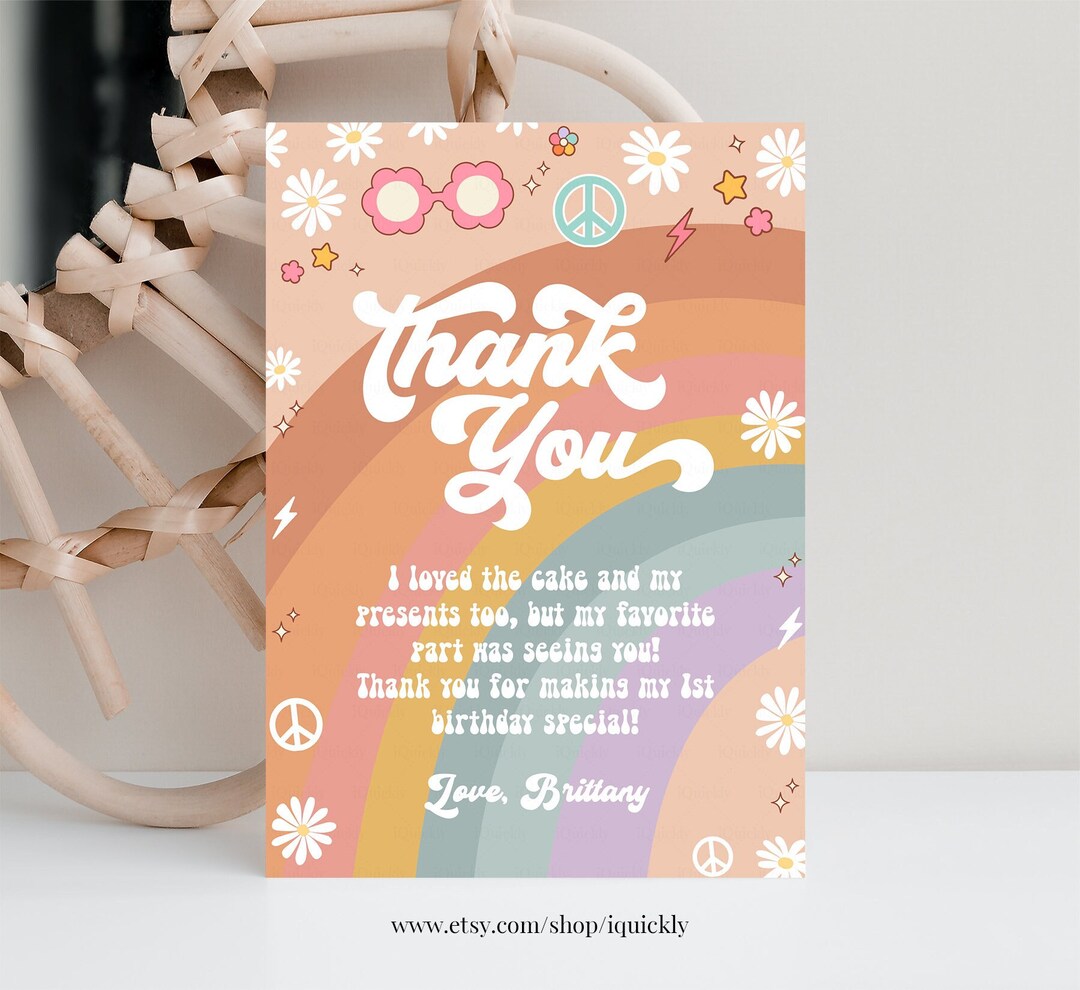 Editable Groovy Thank You Card Two Daisy Birthday Note Card Hippie ...