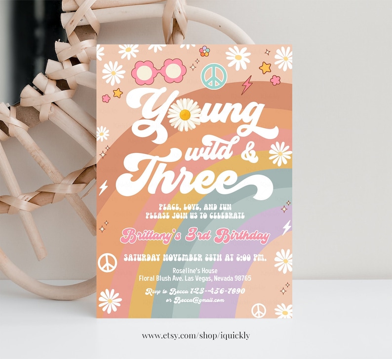 Editable Groovy Young Wild and Three 3rd Birthday Invitation - Etsy