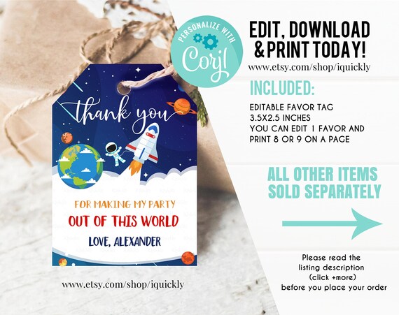 Space Birthday Favor Tags, Editable Astronaut Planet Thank you tags ...