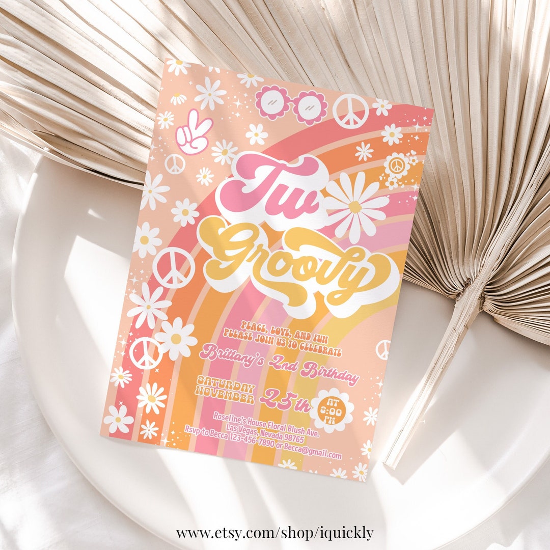 Editable TWO Groovy Birthday Invitation EDITABLE Girl Daisy Rainbow ...