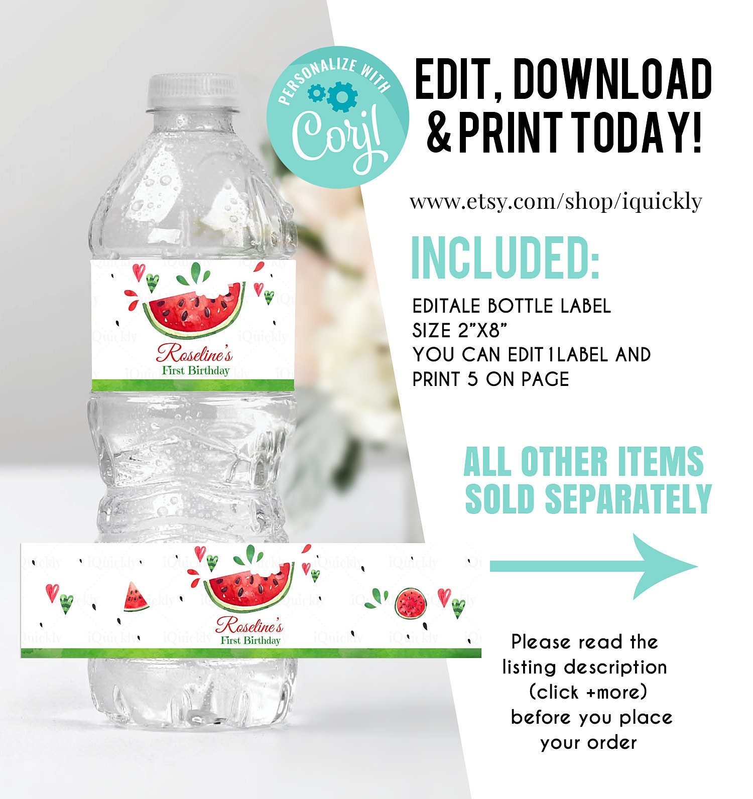 EDITABLE Watermelon Bottle Label Red One in a melon Water | Etsy