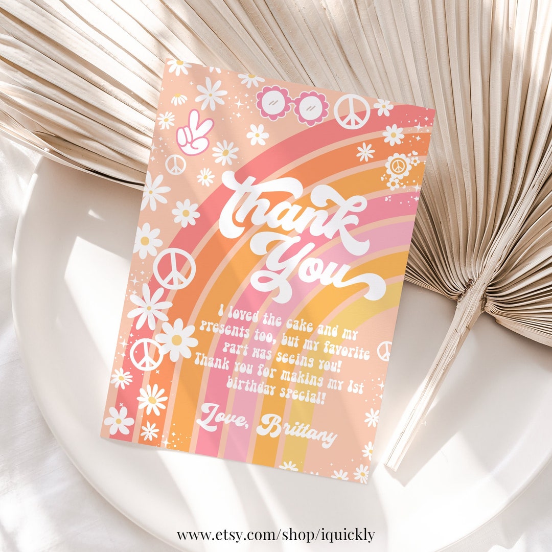 Editable Groovy Thank You Card Two Daisy Birthday Note Card Hippie ...