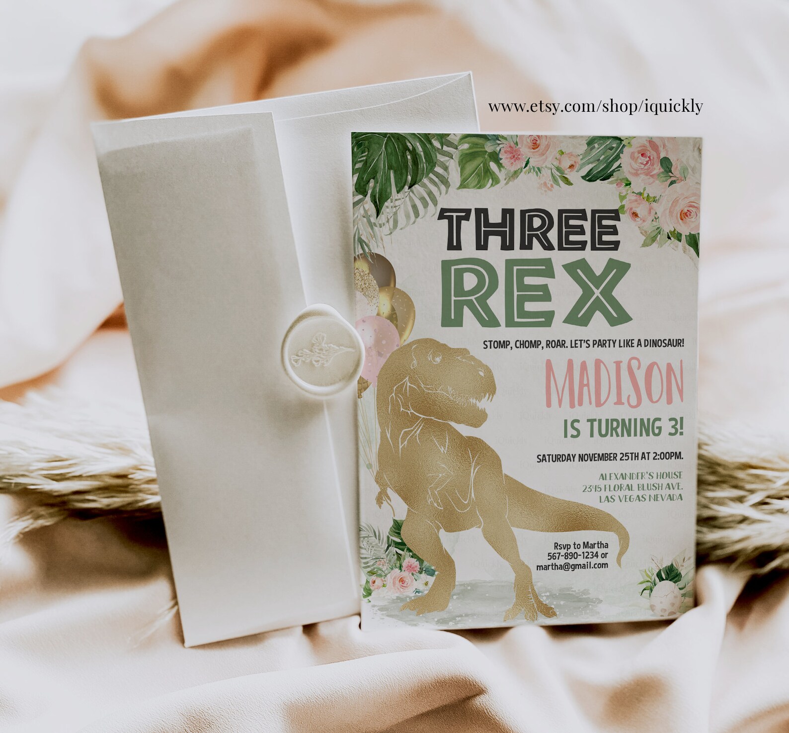 Editable Three Rex Invitation Girl, Dinosaur Birthday Invitation,three ...