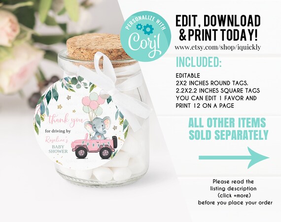 Editable Drive by Baby Shower Favor Tag Elephant Drive Through Gift Tag ...