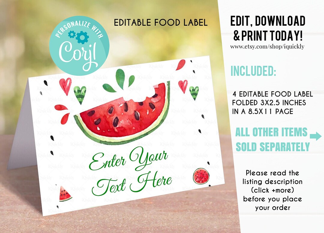 EDITABLE Watermelon Food Tags, Red Buffet Label Tent Card Food Labels ...