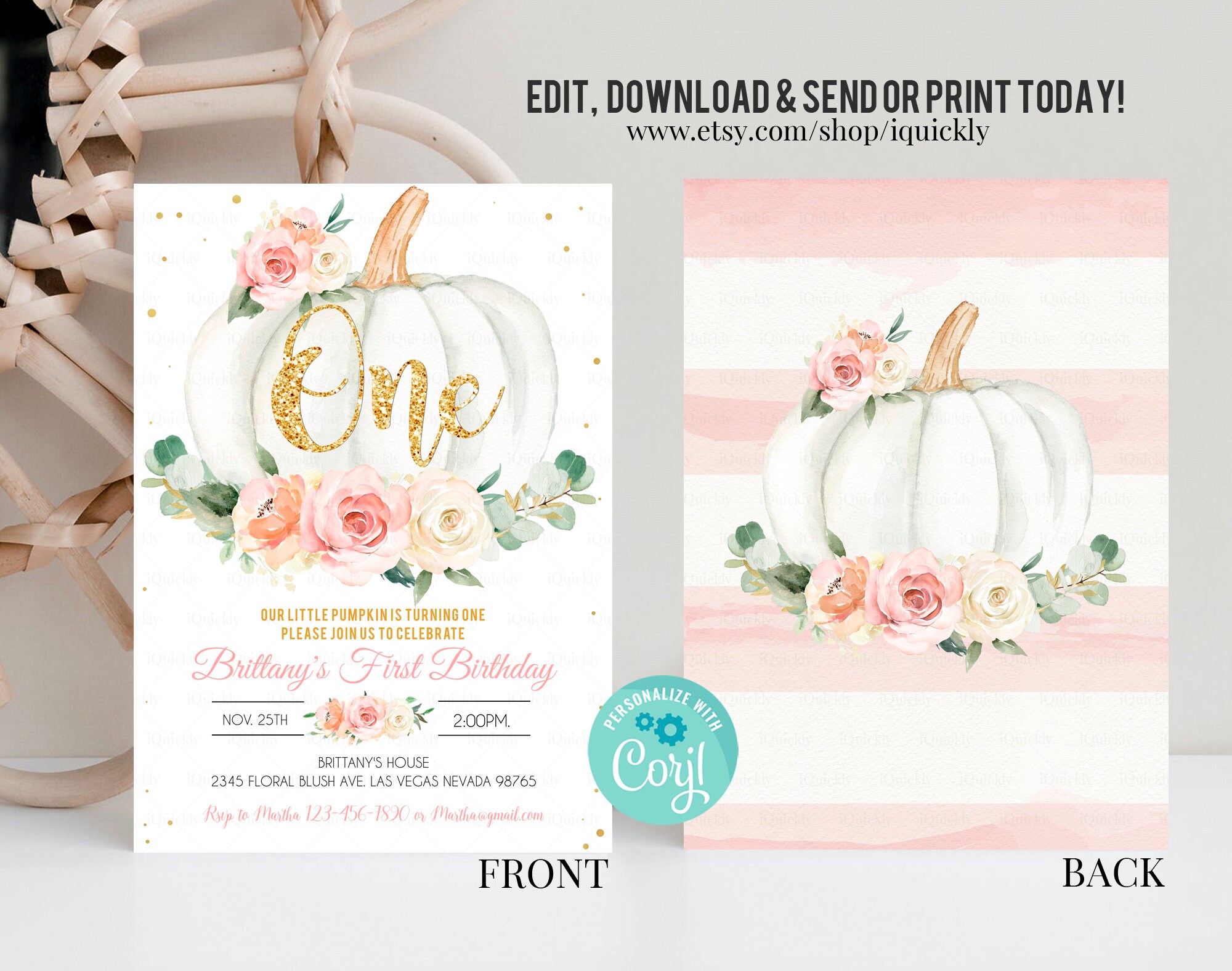 EDITABLE Pumpkin 1st Birthday Invitation Floral Pink and Gold - Etsy