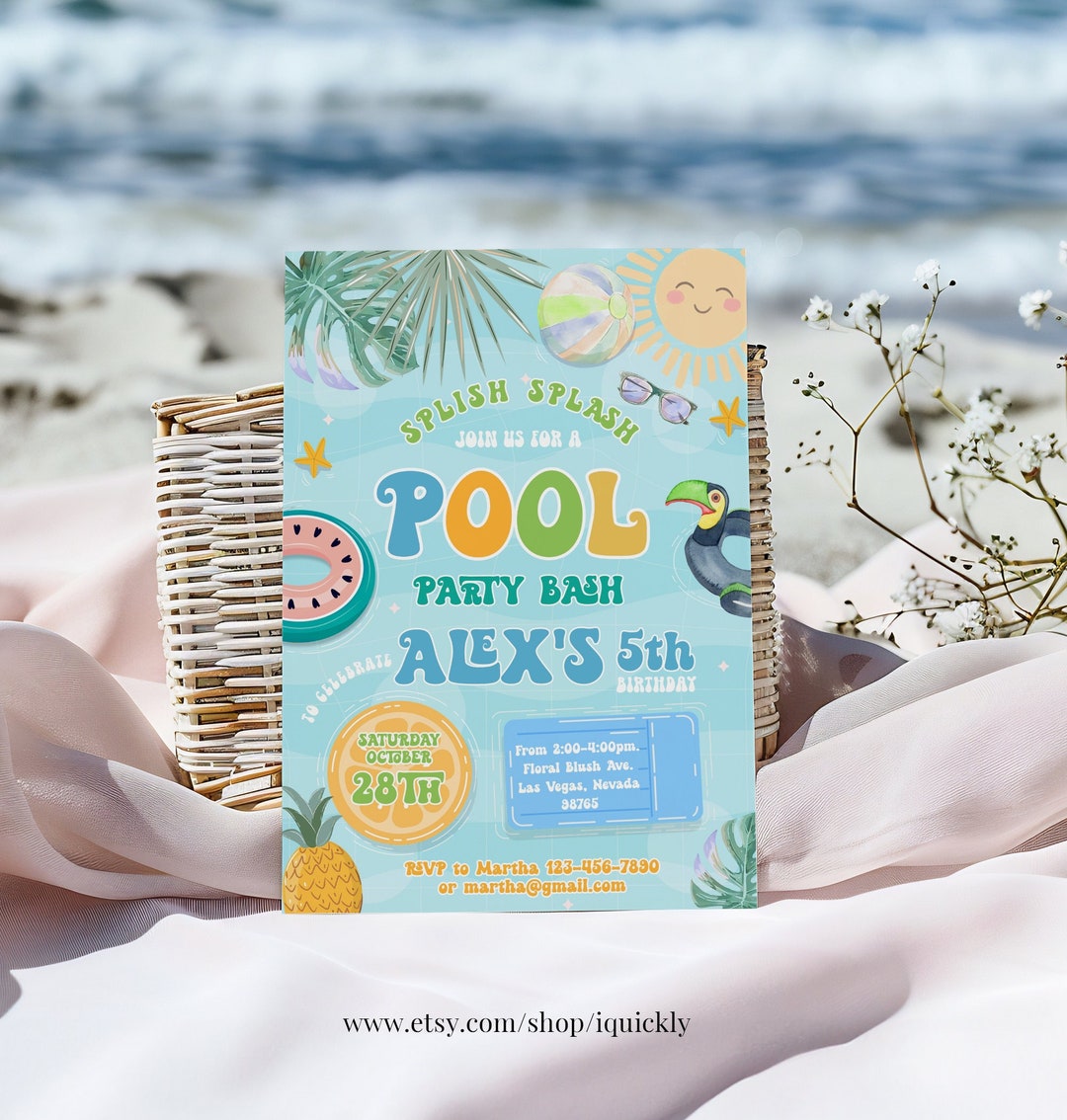 Pool Party Invitation Editable Boy Birthday Pool Party Invite Splish ...