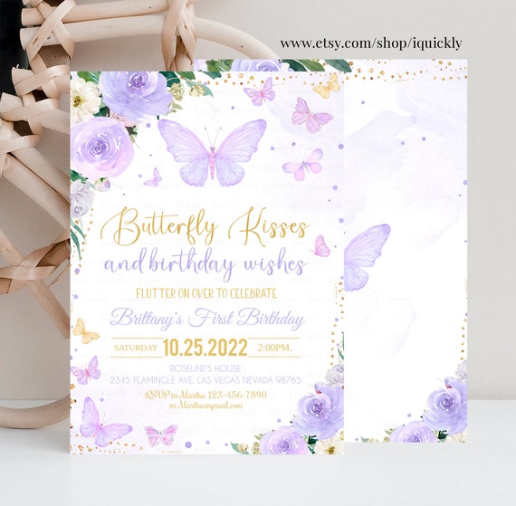 Editable Purple Butterfly Birthday Invitation Girl 1st Birthday Invite ...
