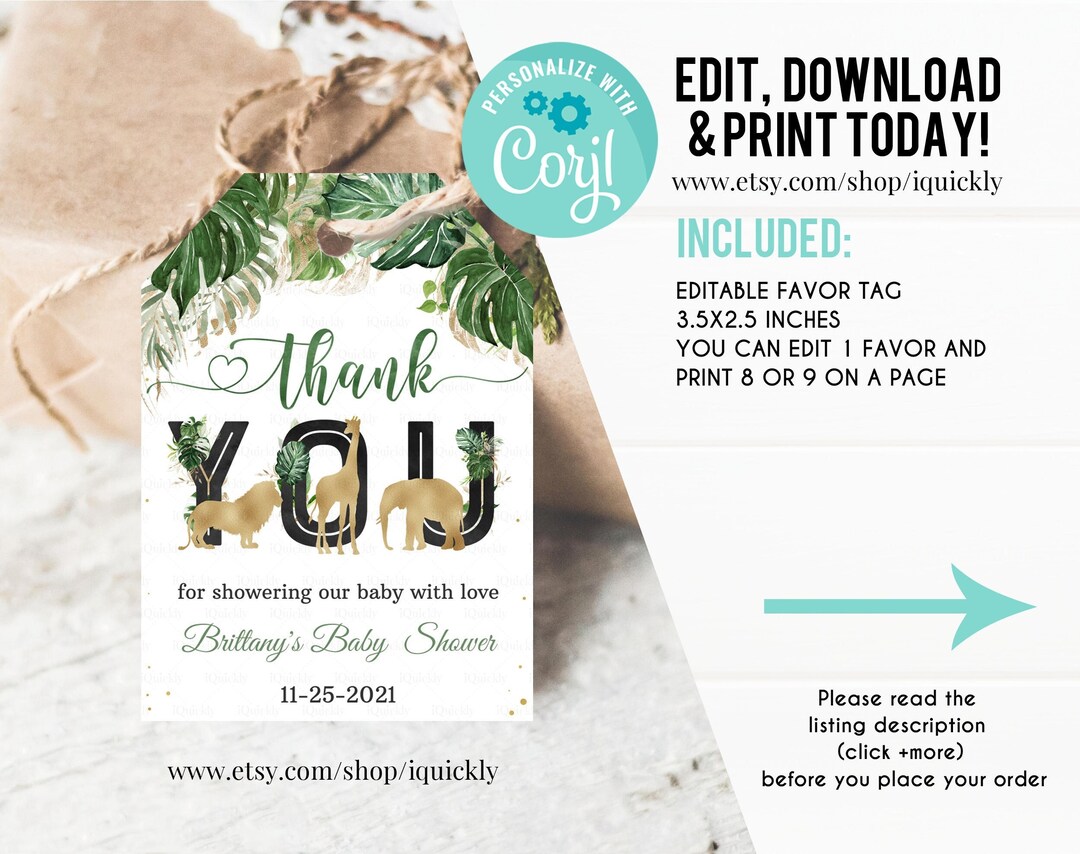 Editable Jungle Gold Baby Shower Favors, Safari Shower Thank You Tags ...