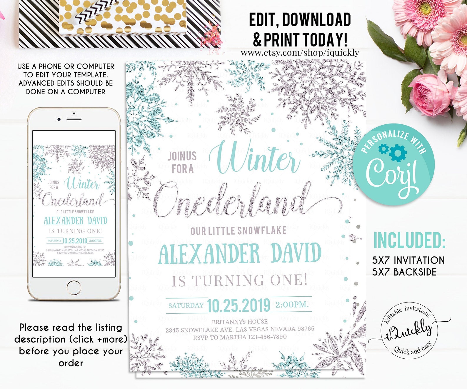 Editable Winter Onederland Invitation Boy Snowflake First | Etsy
