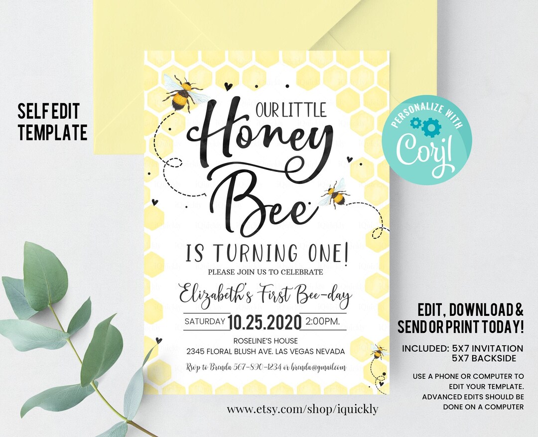 Editable Bee Birthday Invitation Honey Bee Birthday Party Bee 1st ...