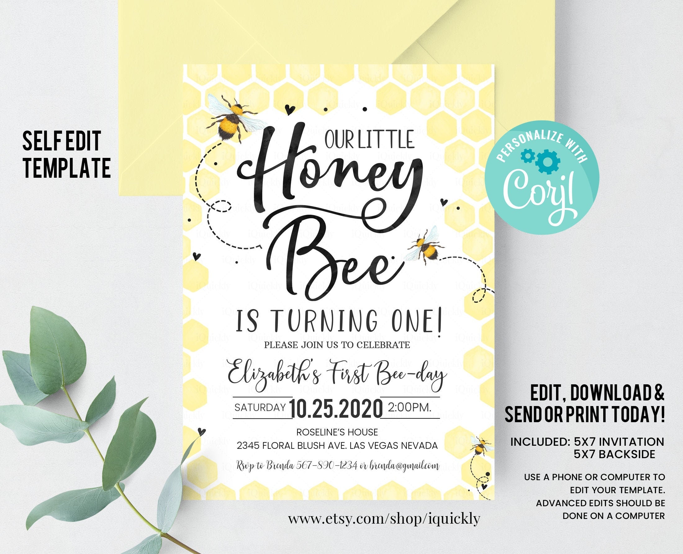 Editable Bee Birthday Invitation Honey Bee Birthday Party Bee - Etsy