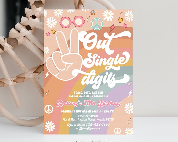 Editable Peace Out Single Digits Checkered Smile Face Invitation Retro ...