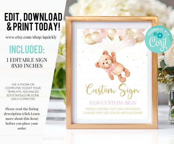 EDITABLE Teddy Bear Custom Sign Baby Shower Balloons Bear - Etsy