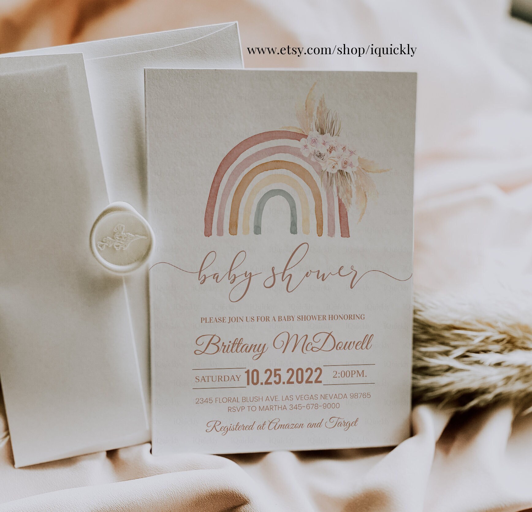 Editable Boho Rainbow Baby Shower Invitation Pink Pampas Grass Boho ...