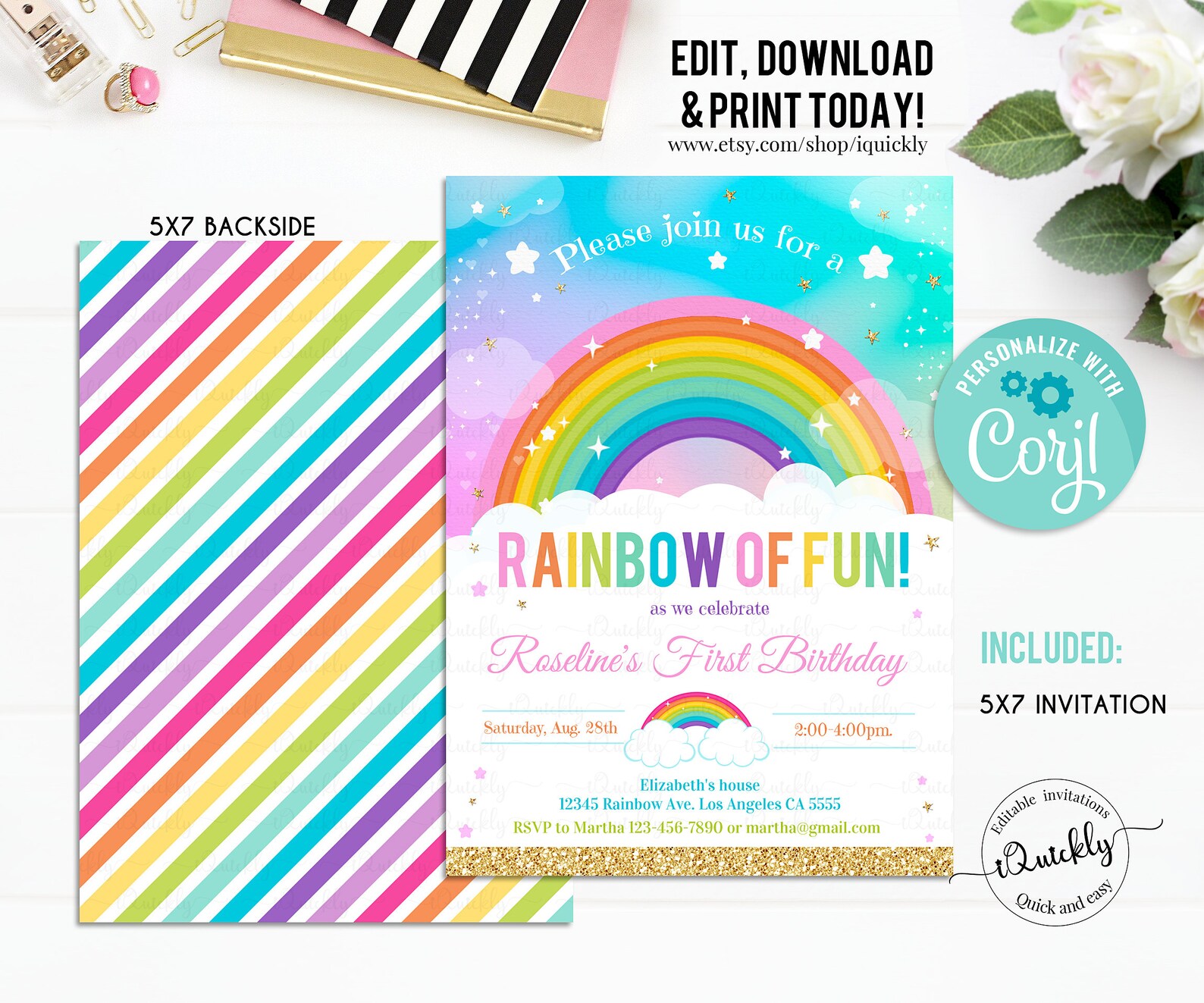 Rainbow Birthday Invitation EDITABLE, ANY Age, Rainbow Confetti Invite ...