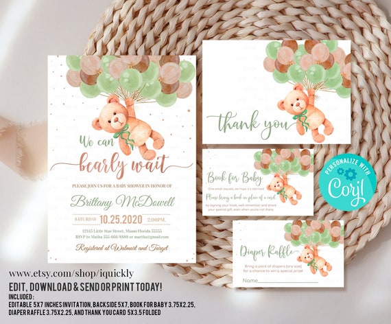 Editable Teddy Bear Baby Shower Invitation Set Bear Themed Invite Bundle, Printable BearBalloons ...