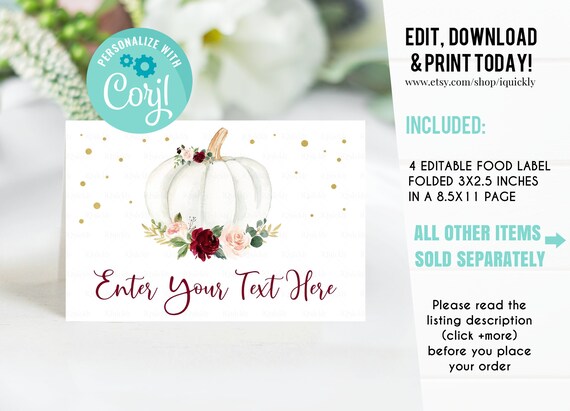 EDITABLE Pumpkin Food tags, Little Pumpkin Buffet label, Fall Autumn ...