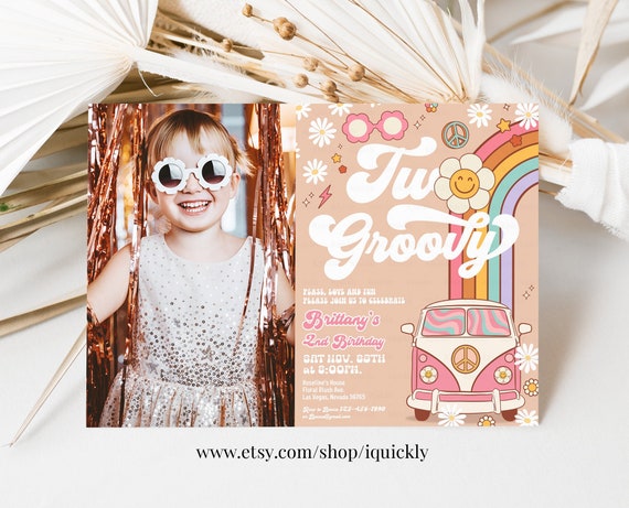 Editable Two Groovy Invitation Groovy 2nd Birthday Invite Pink - Etsy